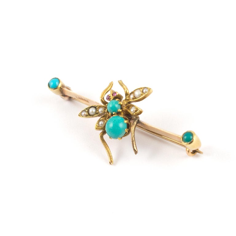 18 Karat Gold Insect Bug Pin, Set with Turquoise Pearls Rubies, circa ...
