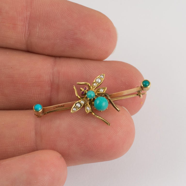 18 Karat Gold Insect Bug Pin, Set with Turquoise Pearls Rubies, circa ...