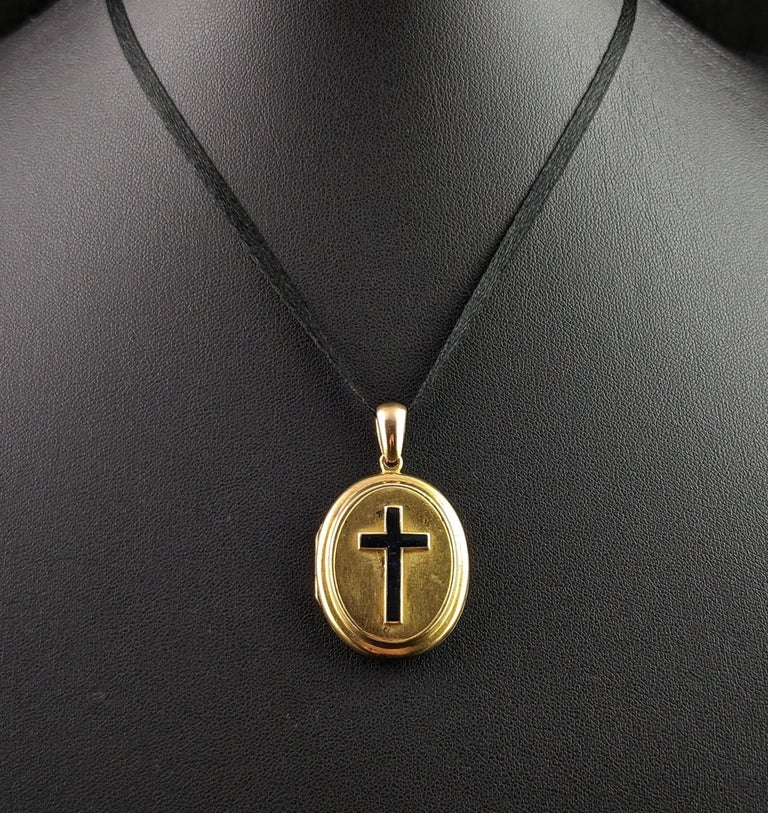 Antique 18k Gold Mourning Locket, Black Enamel Cross Pendant For Sale ...