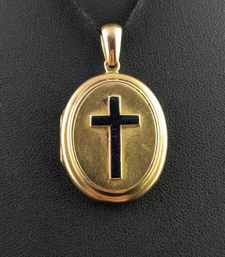 Antique 18k Gold Mourning Locket, Black Enamel Cross Pendant For Sale ...