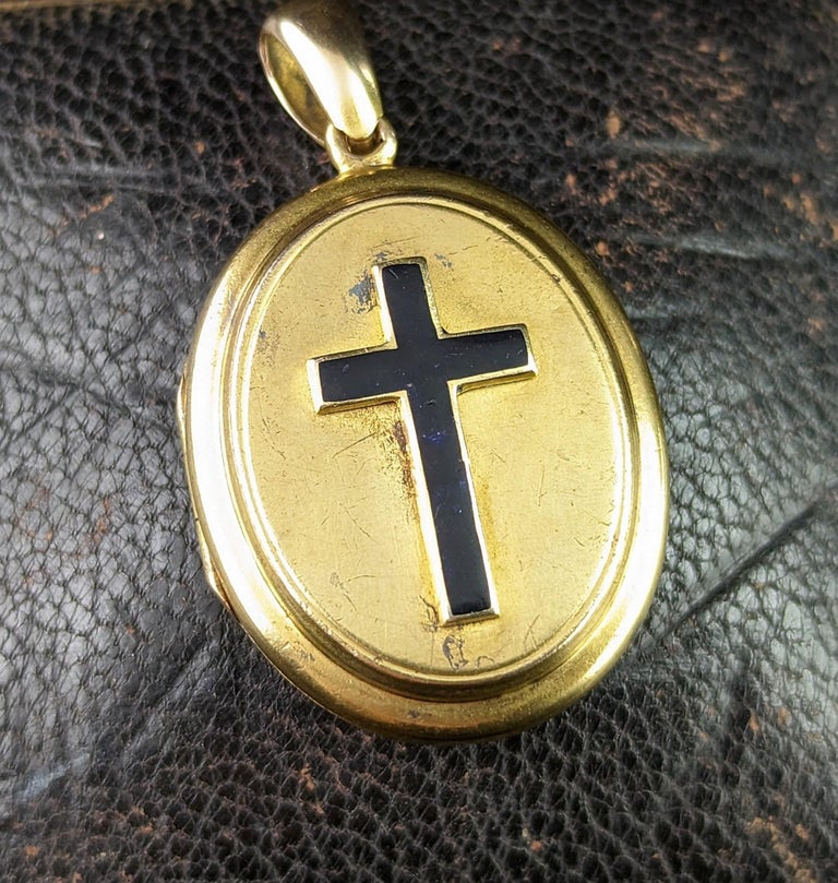 Antique 18k Gold Mourning Locket, Black Enamel Cross Pendant For Sale ...