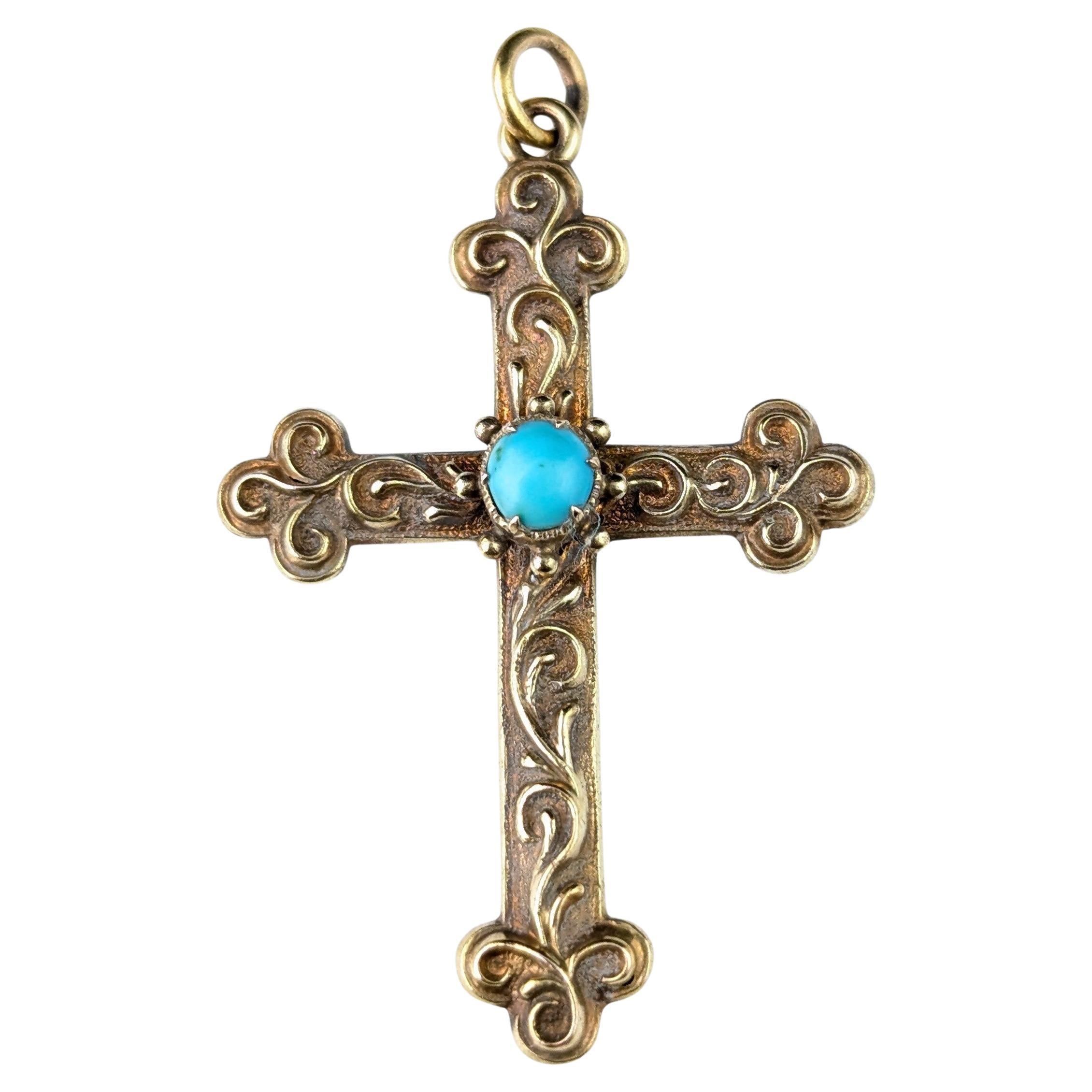 Antique 18k gold Turquoise cross pendant, Victorian, Mourning at 1stDibs