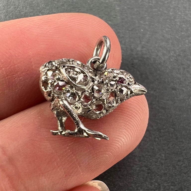 Antique 18K Rose Gold Silver Ruby Diamond Chick Charm Pendant For Sale ...