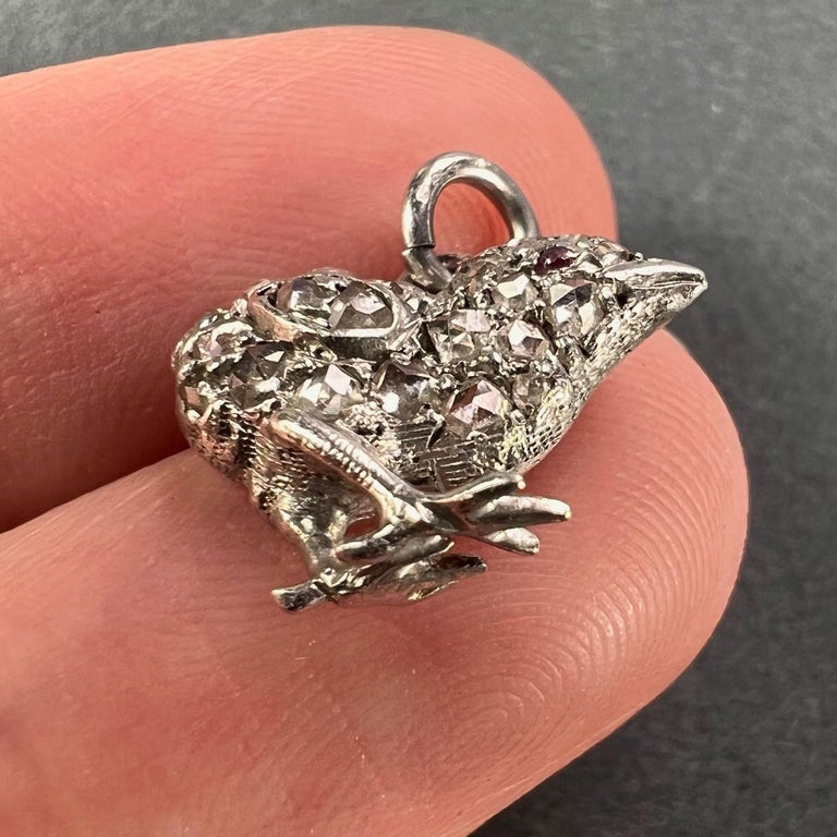 Antique 18K Rose Gold Silver Ruby Diamond Chick Charm Pendant For Sale ...