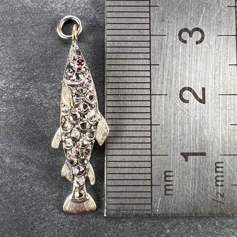 Antique 18K Rose Gold Silver Ruby Diamond Fish Charm Pendant For Sale ...