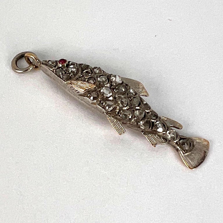 Antique 18K Rose Gold Silver Ruby Diamond Fish Charm Pendant For Sale ...
