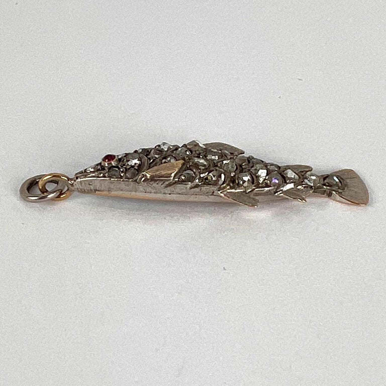 Antique 18K Rose Gold Silver Ruby Diamond Fish Charm Pendant For Sale ...