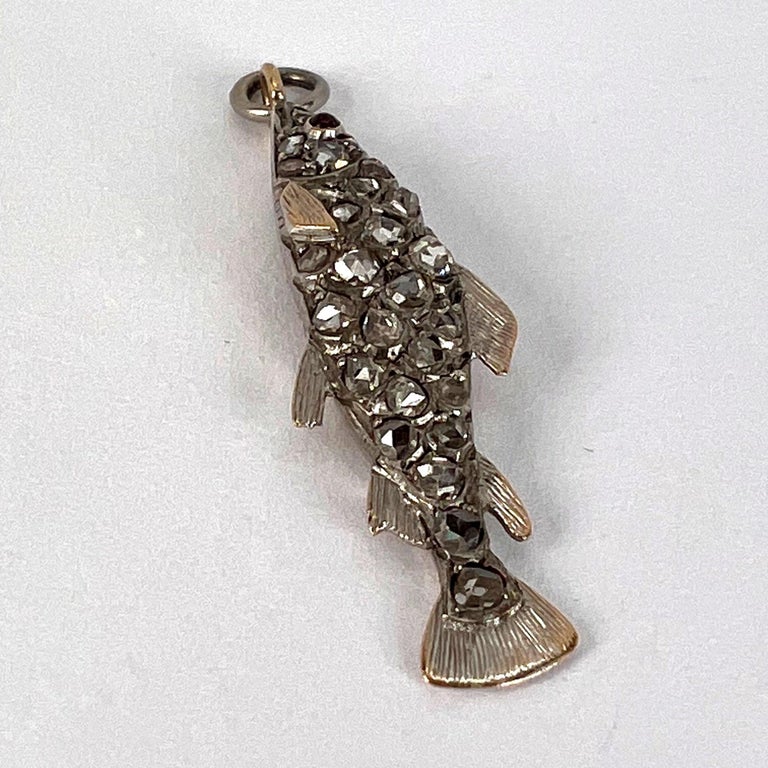 Antique 18K Rose Gold Silver Ruby Diamond Fish Charm Pendant For Sale ...