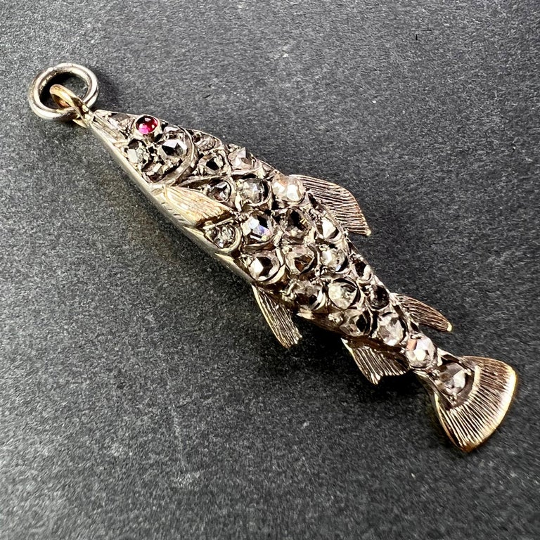 Antique 18K Rose Gold Silver Ruby Diamond Fish Charm Pendant For Sale ...