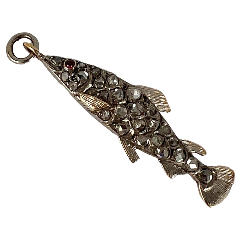 Antique 18K Rose Gold Silver Ruby Diamond Fish Charm Pendant For Sale ...
