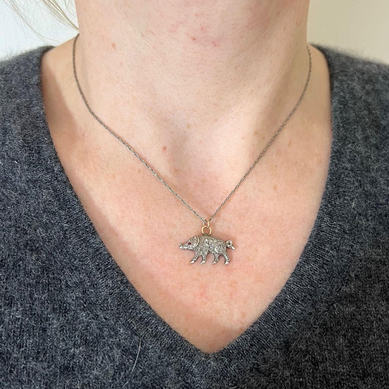 Antique 18K Rose Gold Silver Ruby Diamond Pig Charm Pendant For Sale at ...