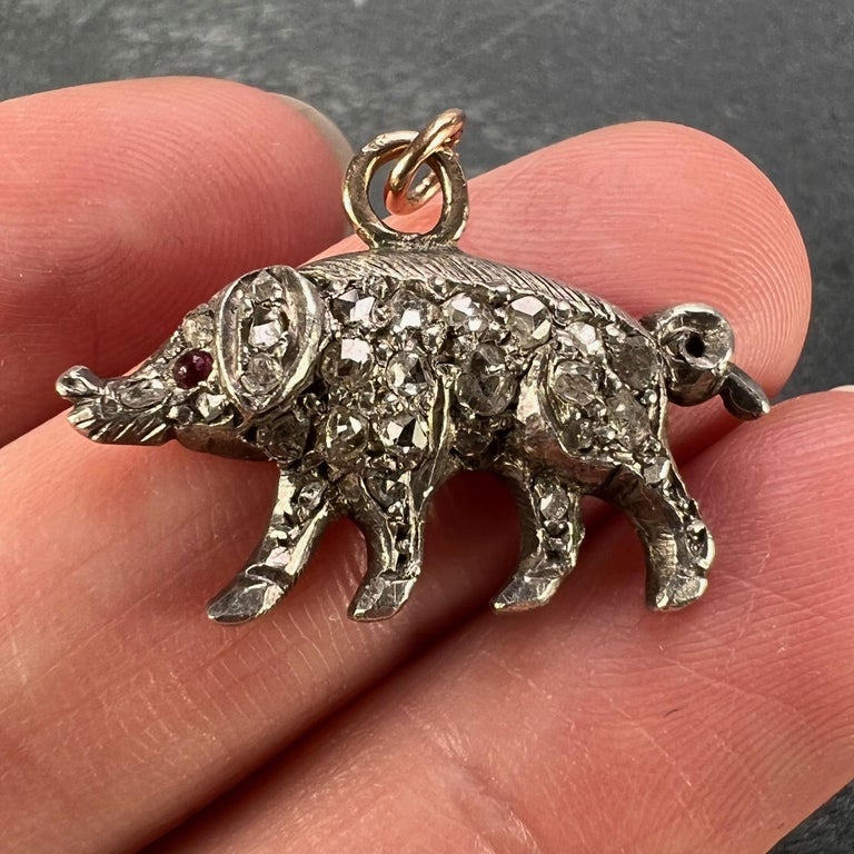 Antique 18K Rose Gold Silver Ruby Diamond Pig Charm Pendant For Sale at ...
