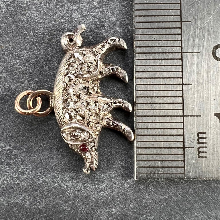 Antique 18K Rose Gold Silver Ruby Diamond Pig Charm Pendant For Sale at ...