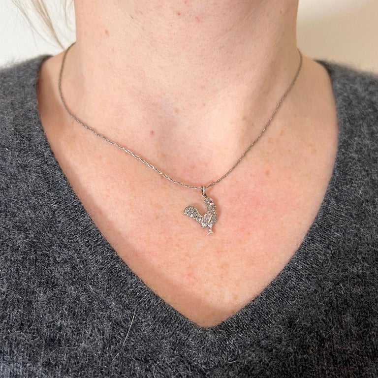 Antique 18K Rose Gold Silver Ruby Diamond Rooster Charm Pendant For ...