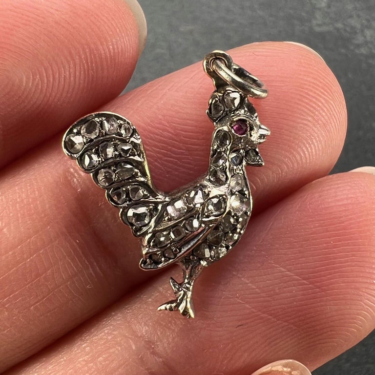 Antique 18K Rose Gold Silver Ruby Diamond Rooster Charm Pendant For ...