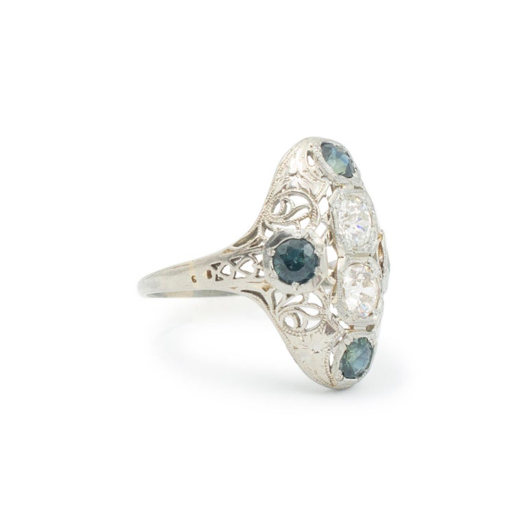 Antique 18k White Gold Sapphire and Diamond Art Deco Filigree Cocktail ...