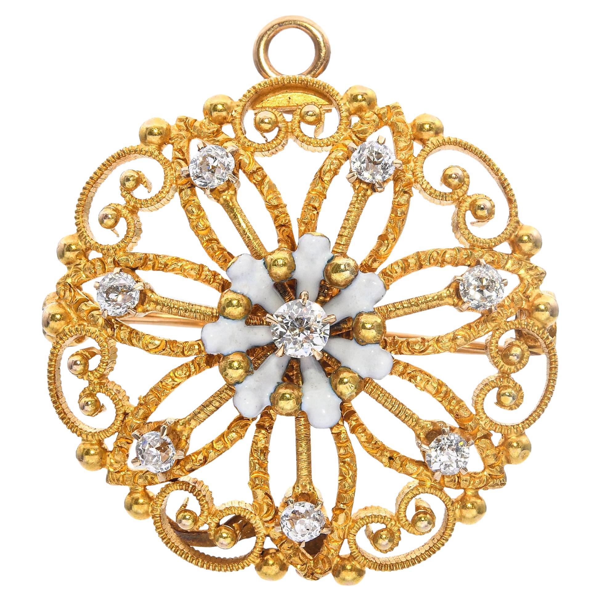 Antique Diamond Brooch Gold Enamel Renaissance Revival Rose Cut ...