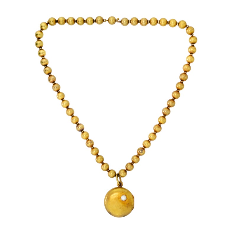 Antique 18Kt Yellow Gold Ball and Locket Necklace For Sale at 1stDibs