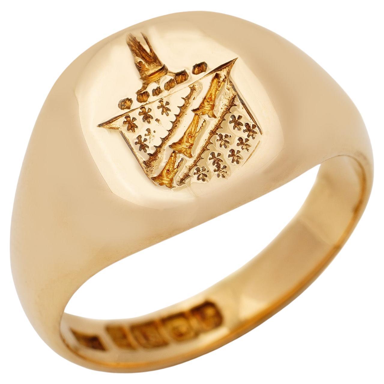 18k Solid Gold Men’s Signet Ring with Diamond Solitaire, Noble Coat of ...