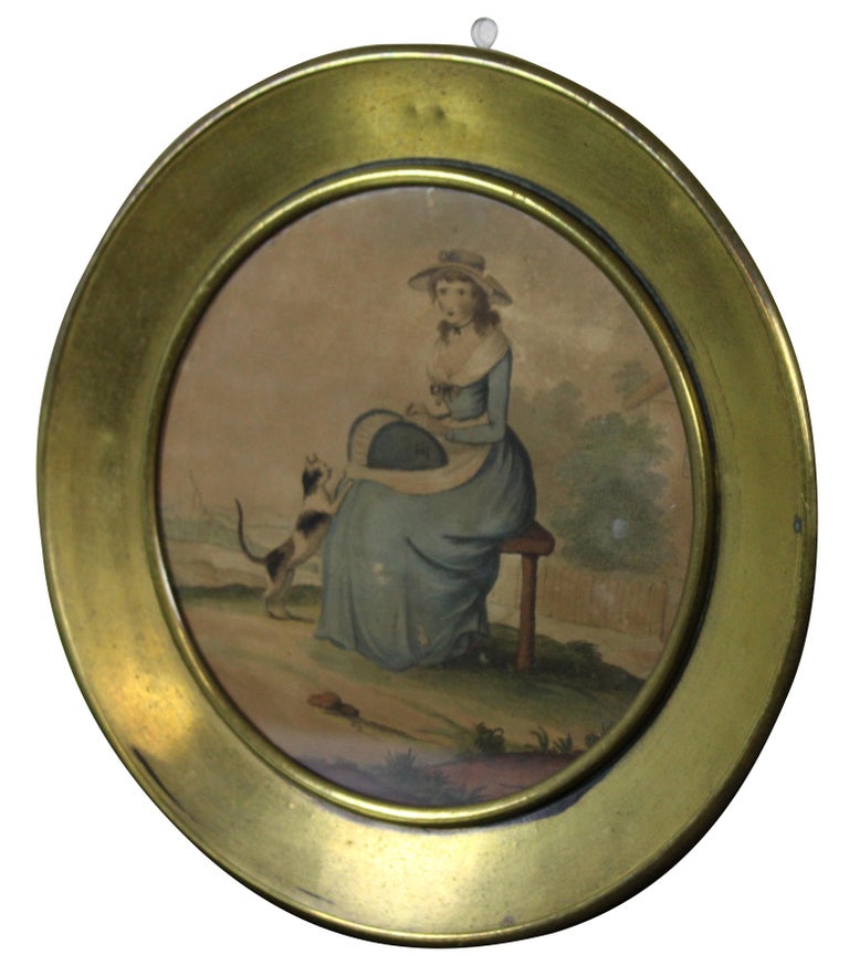 Antique 18th Century American Colored Lithograph Woman in Blue Dress ...