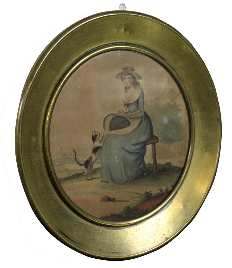 Antique 18th Century American Colored Lithograph Woman in Blue Dress ...