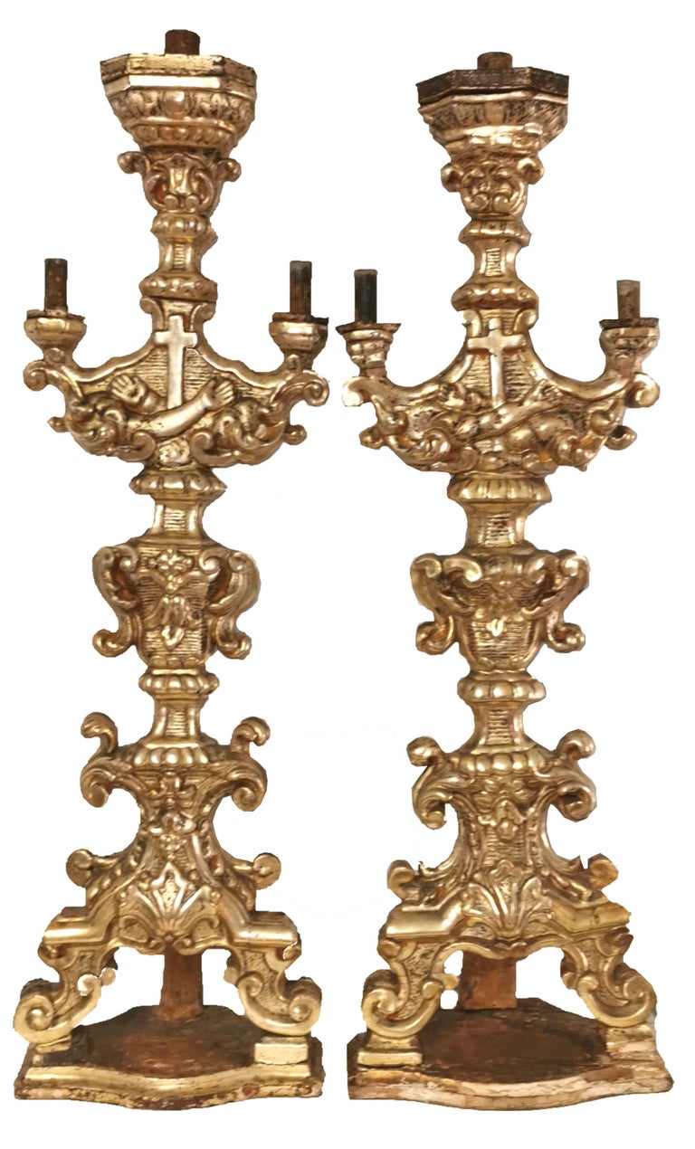 Antique 18th Century Carved Baroque Candlesticks Silvered Giltwood ...