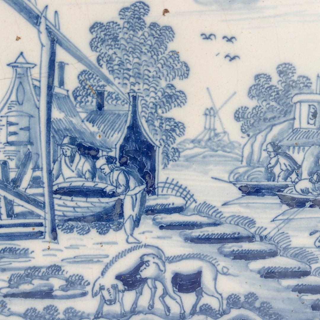 Antique 18th Century Dutch Delft Tile with a Landscape Canal and Farm ...