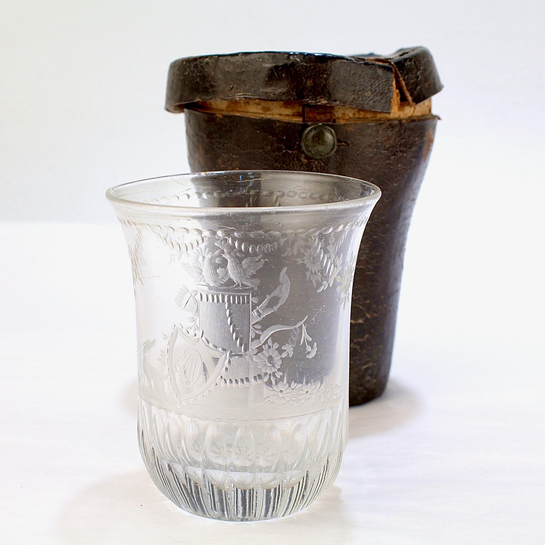 Antique 18th Century Etched Glass Tumbler or Cup and Leather Travel ...