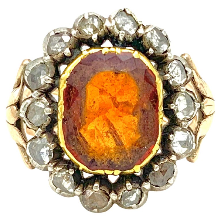 Antique 18th Century Hessonite Garnet Diamond Siber Gold Ring For Sale ...