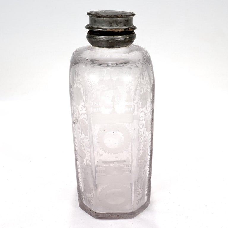 Antique 18th Century Pewter Lidded Etched Stiegel Type Glass Flask For ...