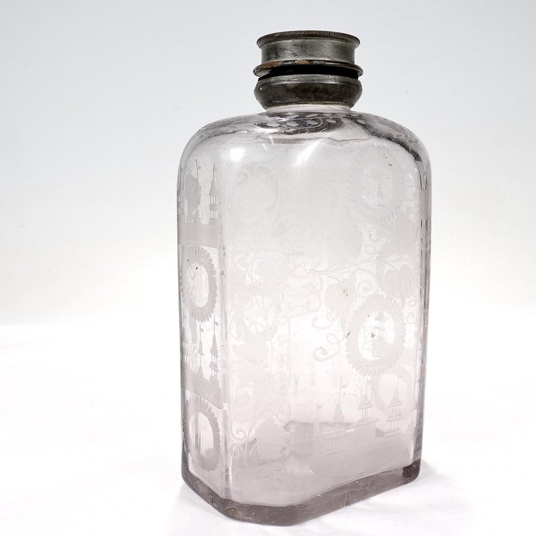 Antique 18th Century Pewter Lidded Etched Stiegel Type Glass Flask For ...