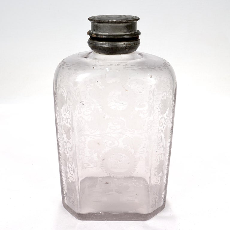 Antique 18th Century Pewter Lidded Etched Stiegel Type Glass Flask For ...
