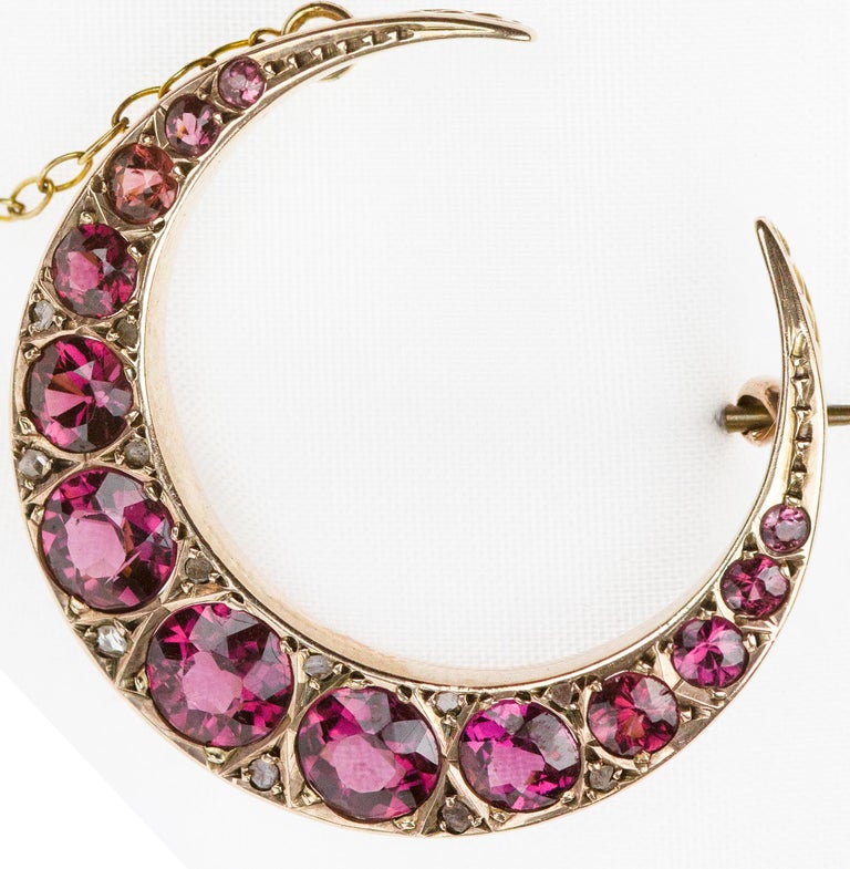 Antique 1909 Crescent Moon Brooch in 9 Carat Gold Garnet and Rose Cut ...