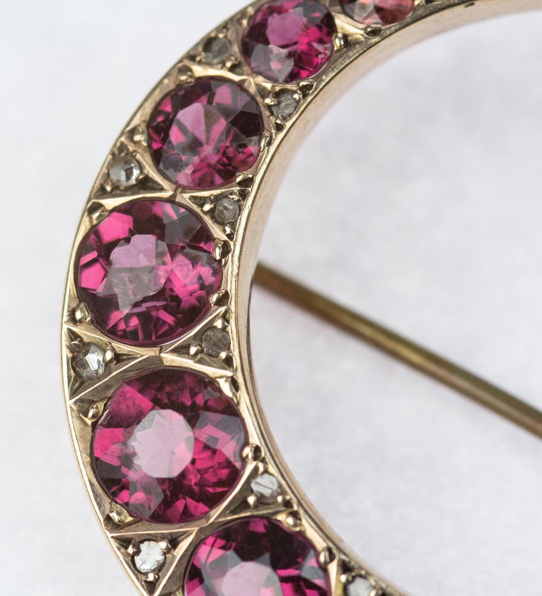Antique 1909 Crescent Moon Brooch in 9 Carat Gold Garnet and Rose Cut ...
