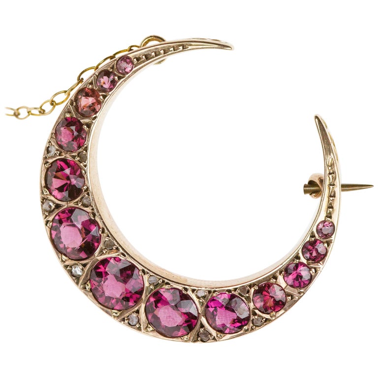 Antique 1909 Crescent Moon Brooch in 9 Carat Gold Garnet and Rose Cut ...