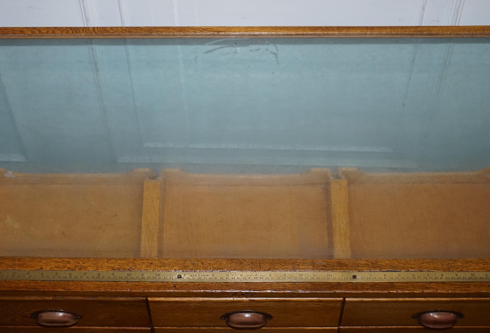 ANTIQUE 1920 ENGLISH VICTORIAN OAK HABERDASHERY SHOP COUNTER WITH ...