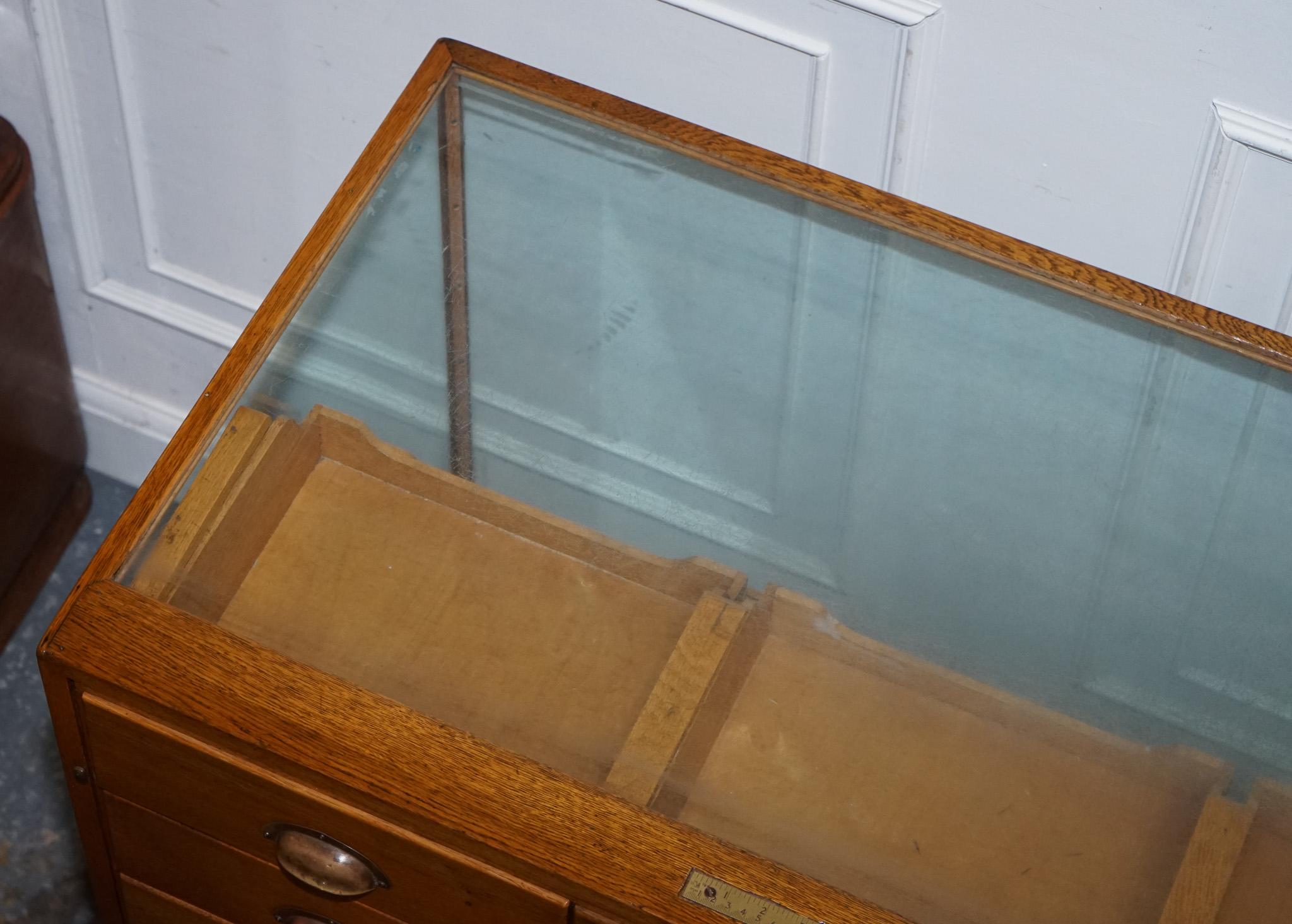 ANTIQUE 1920 ENGLISH VICTORIAN OAK HABERDASHERY SHOP COUNTER WITH ...