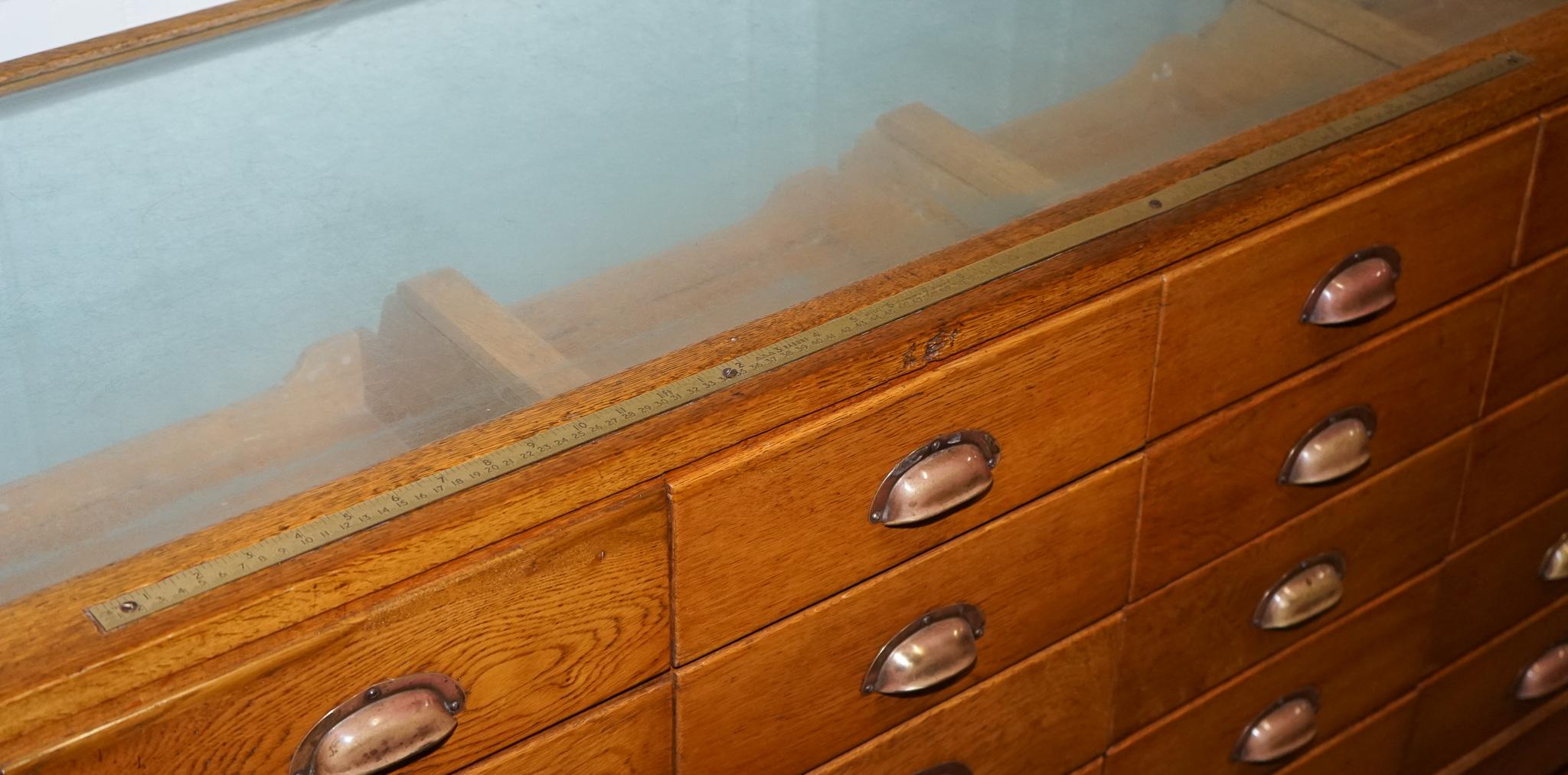 ANTIQUE 1920 ENGLISH VICTORIAN OAK HABERDASHERY SHOP COUNTER WITH ...