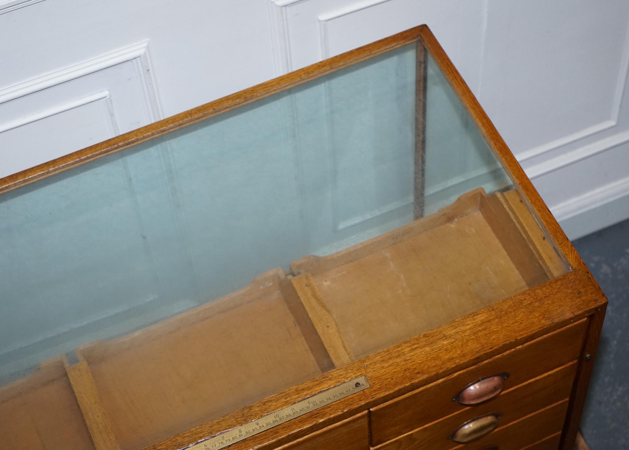 ANTIQUE 1920 ENGLISH VICTORIAN OAK HABERDASHERY SHOP COUNTER WITH ...