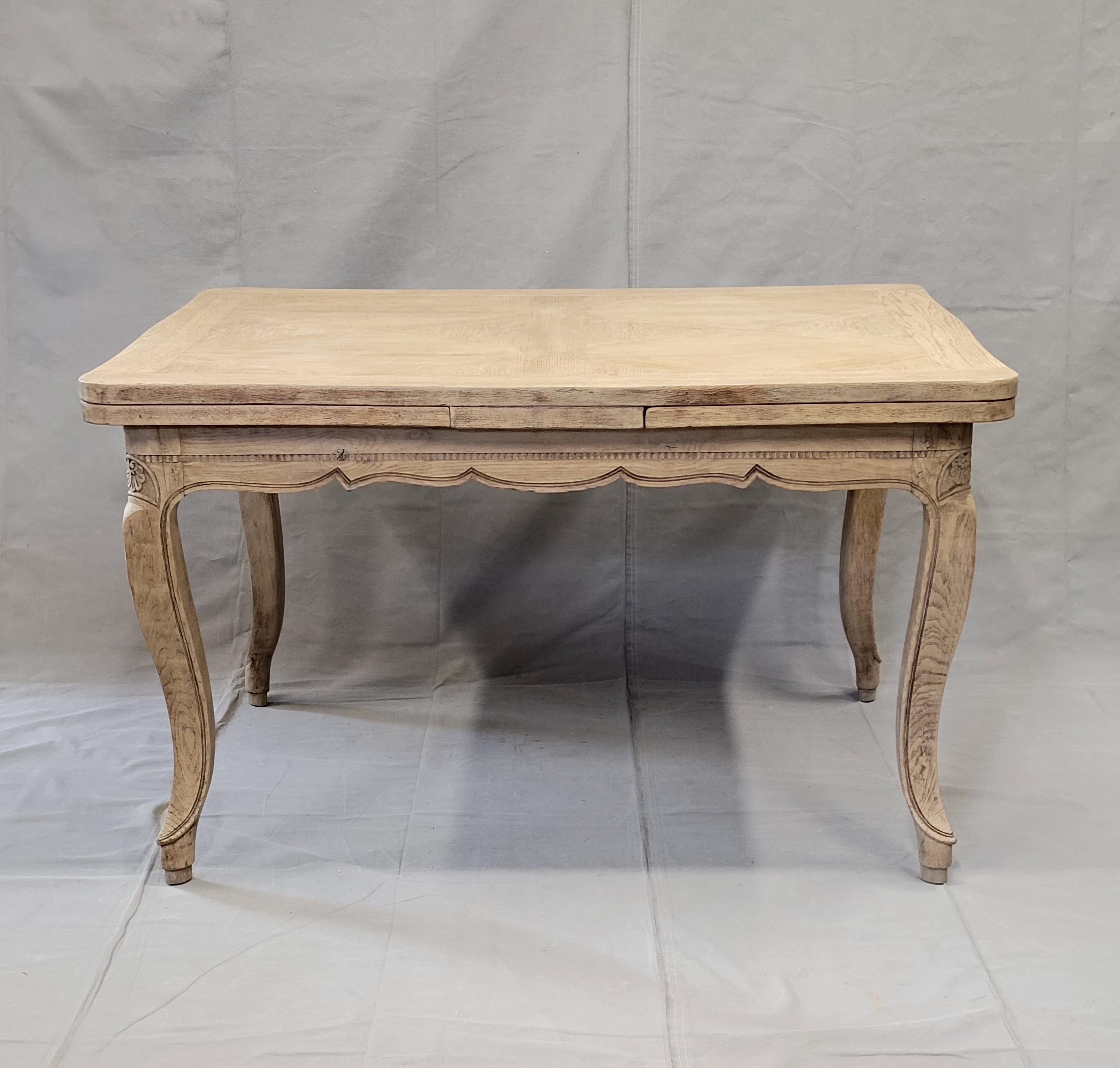Antique 1920s French Bleached Oak Parquet Top Draw Leaf Table For Sale ...
