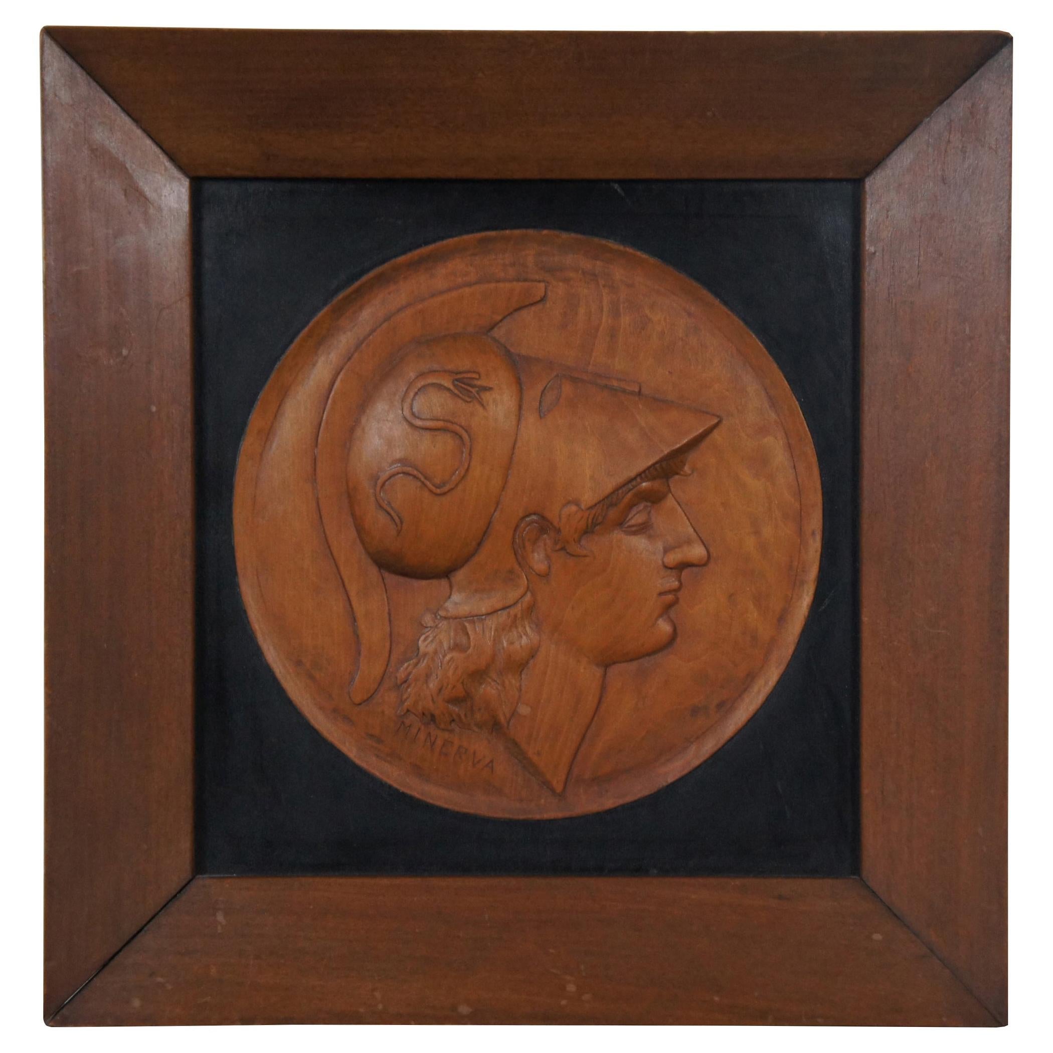 Antique 1931 Folk Art Carved Wood Minerva Greek Goddess Cameo Medallion ...