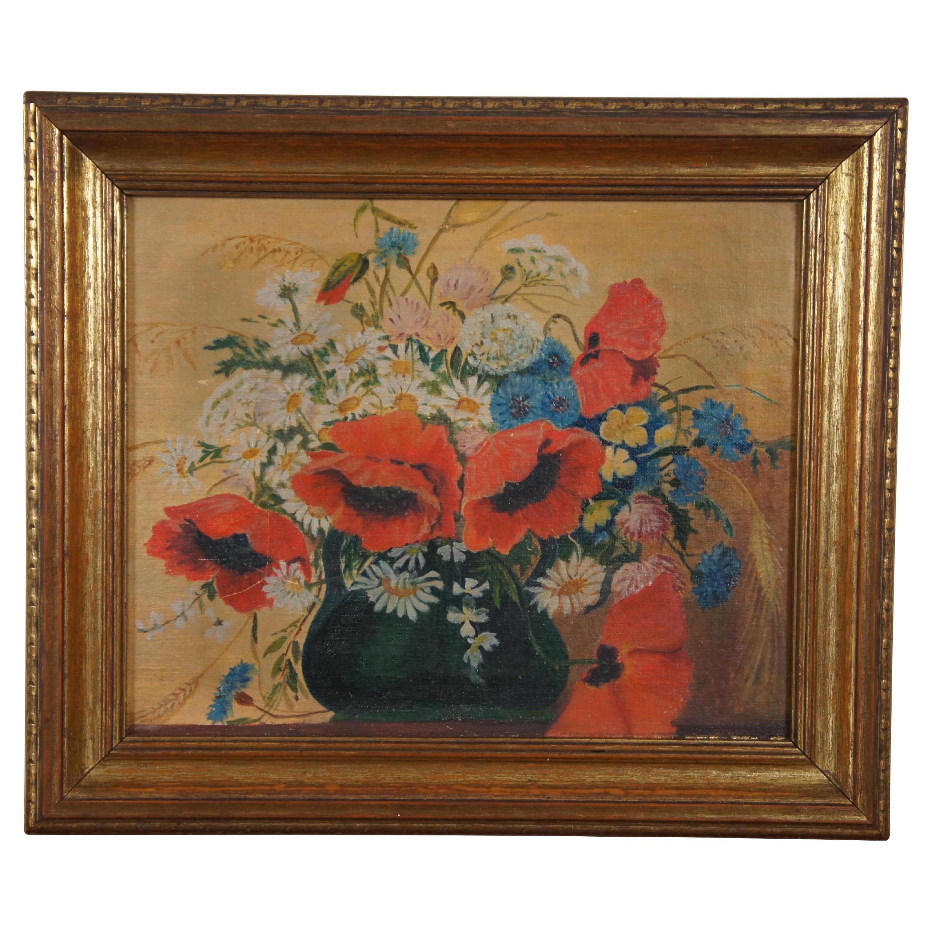 Antique 1935 Folk Art Floral Bouquet Still Life Oil Painting on Board ...
