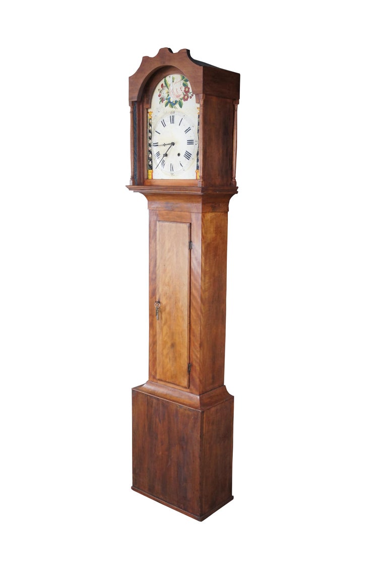 Antique 19th C. Early American Cherry Tall Case Grandfather Clock Painted Face For Sale at 1stDibs