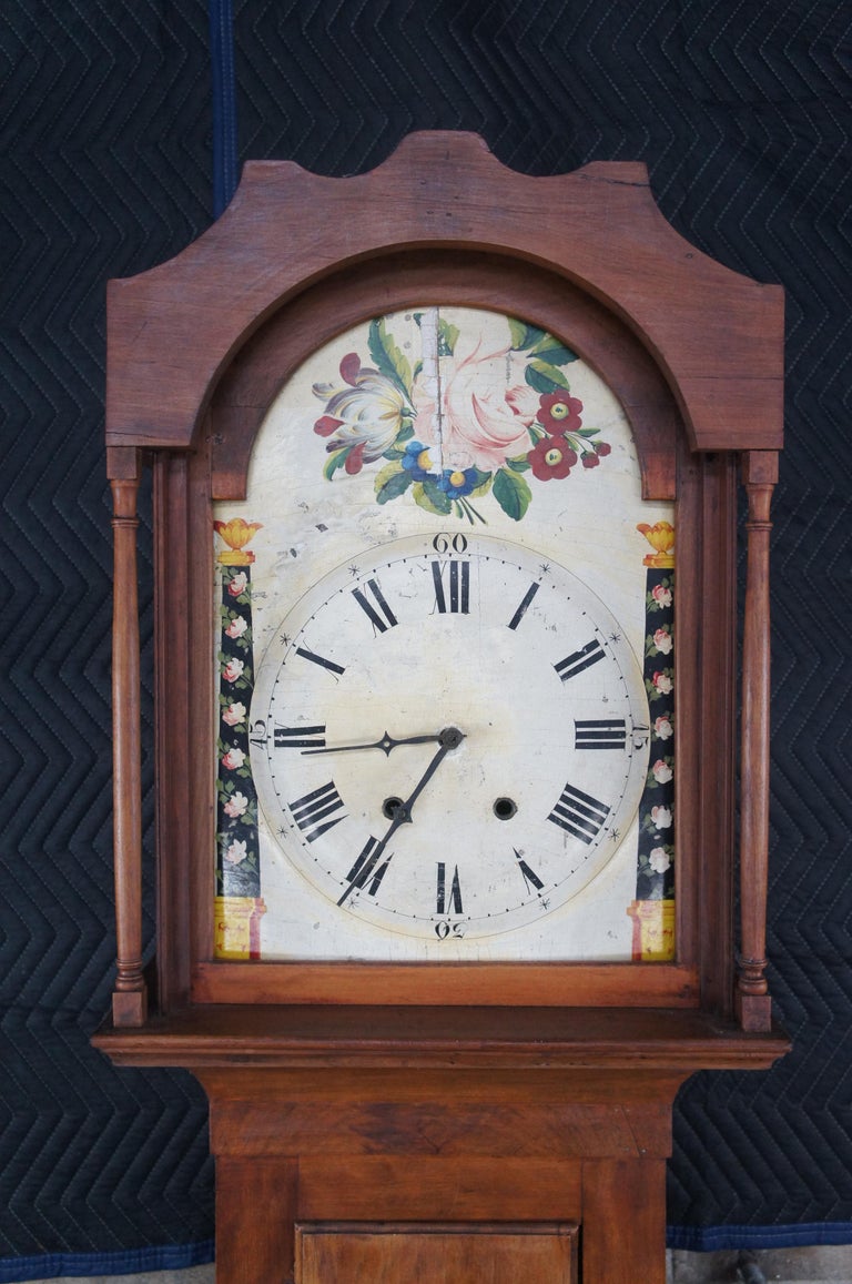 Antique 19th C. Early American Cherry Tall Case Grandfather Clock Painted Face For Sale at 1stDibs