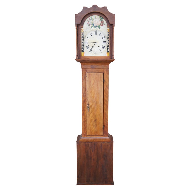 Antique 19th C. Early American Cherry Tall Case Grandfather Clock Painted Face For Sale at 1stDibs