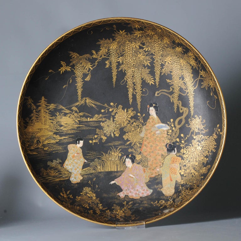 Antique 19th C Yasui Japanese Satsuma Large Dish Gold Black Wisteria ...