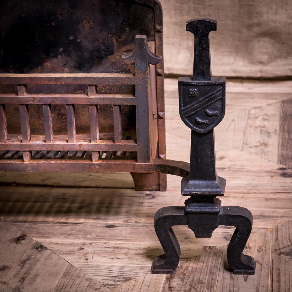 Antique 19th Century Baronial Fire Grate with Heraldic Andirons For ...