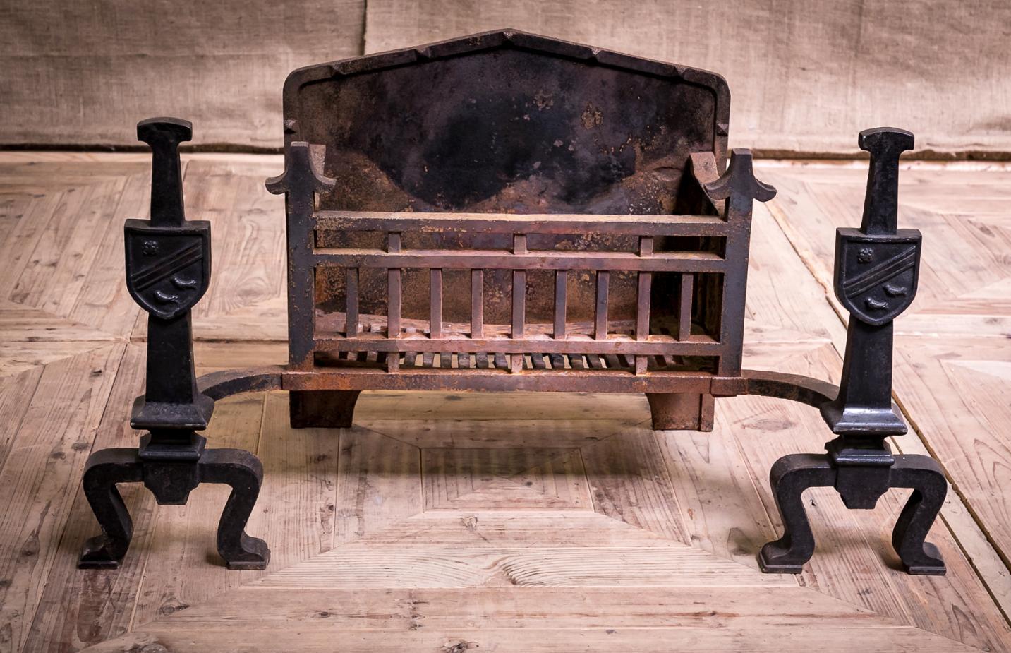 Antique 19th Century Baronial Fire Grate with Heraldic Andirons For ...