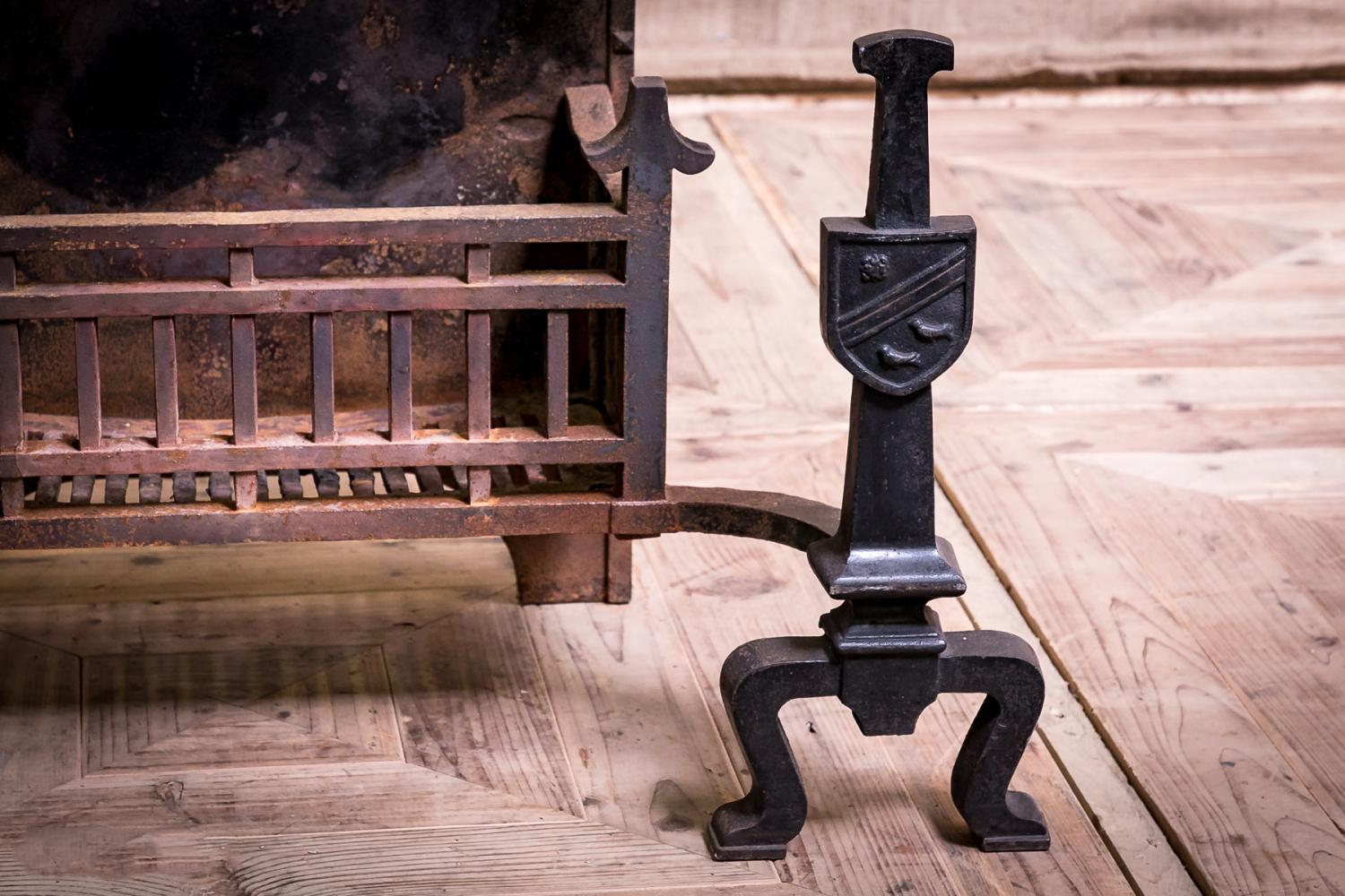 Antique 19th Century Baronial Fire Grate with Heraldic Andirons For ...