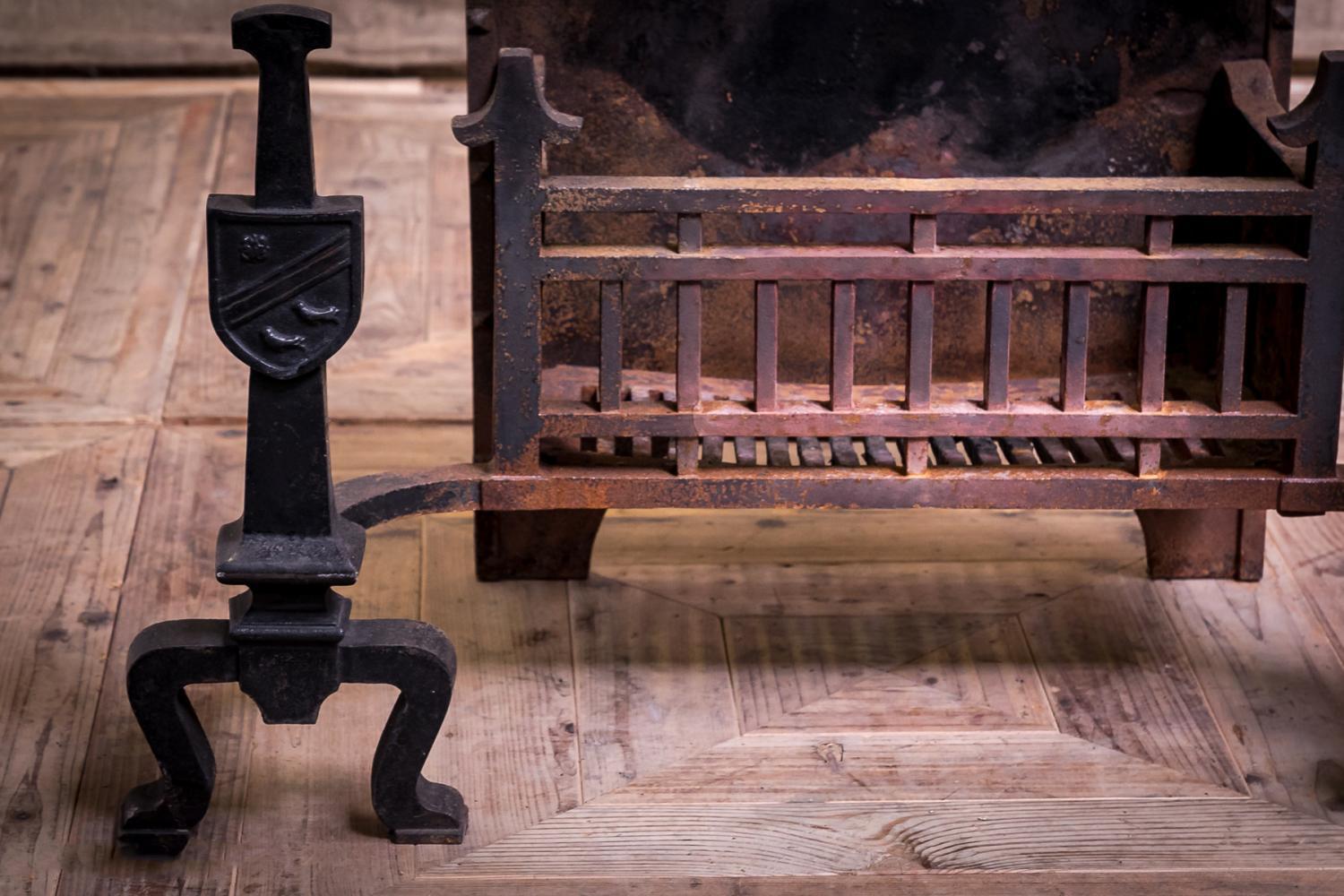 Antique 19th Century Baronial Fire Grate with Heraldic Andirons For ...